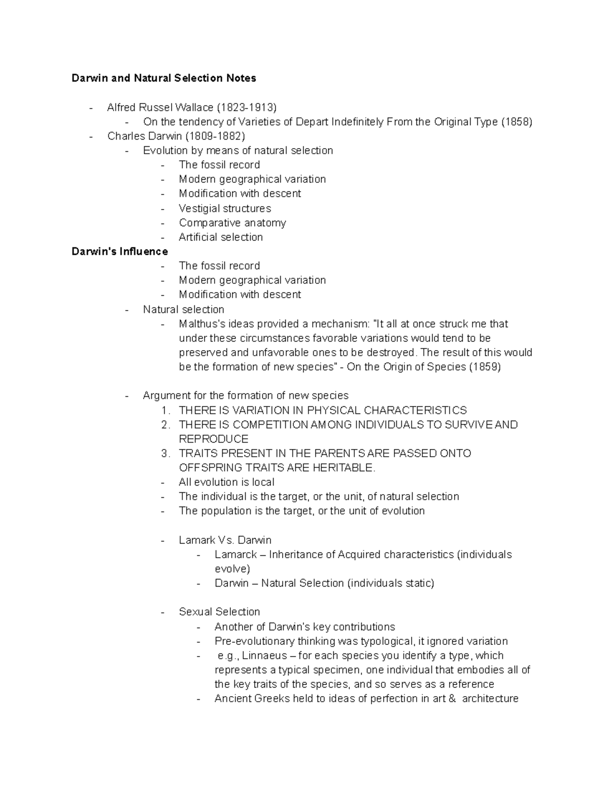 Darwin and Natural Selection Notes - Darwin and Natural Selection Notes ...