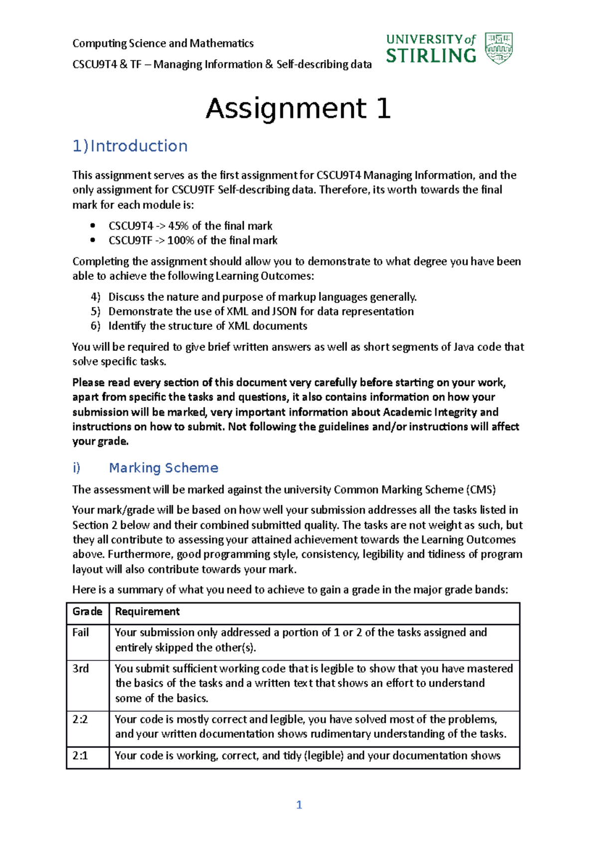 Assignment 1 instructions-1 - CSCU9T4 & TF – Managing Information & Self-describing data - Studocu