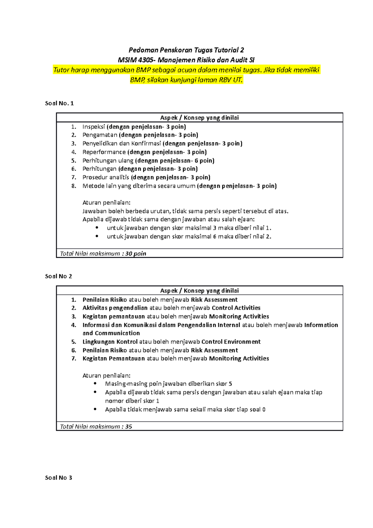 Pedoman Penskoran Tugas Tutorial 2 - Jika tidak memiliki BMP, silakan ...
