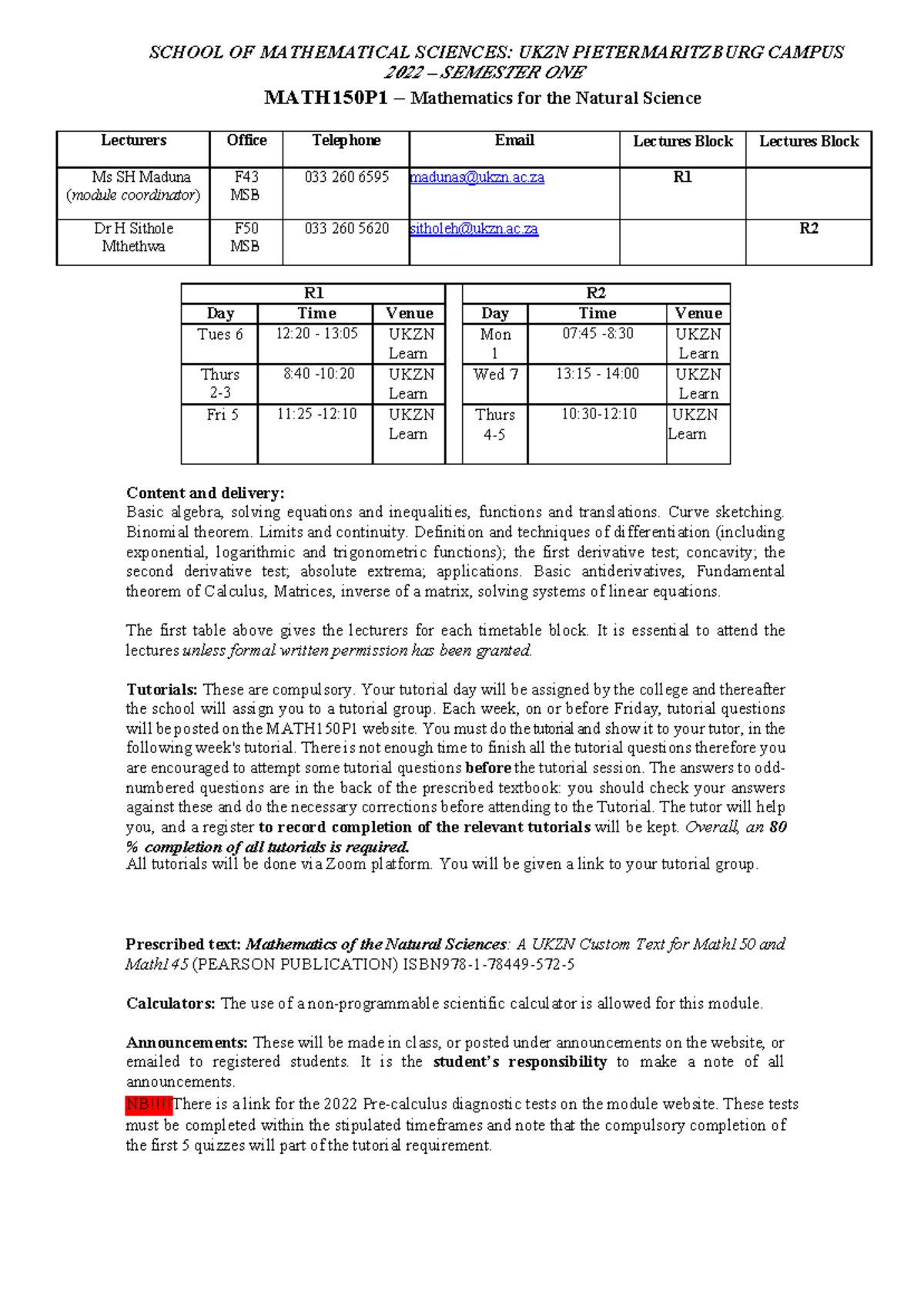 MATH150 Course Outline 2022 (1) (1) (1) - SCHOOL OF MATHEMATICAL ...