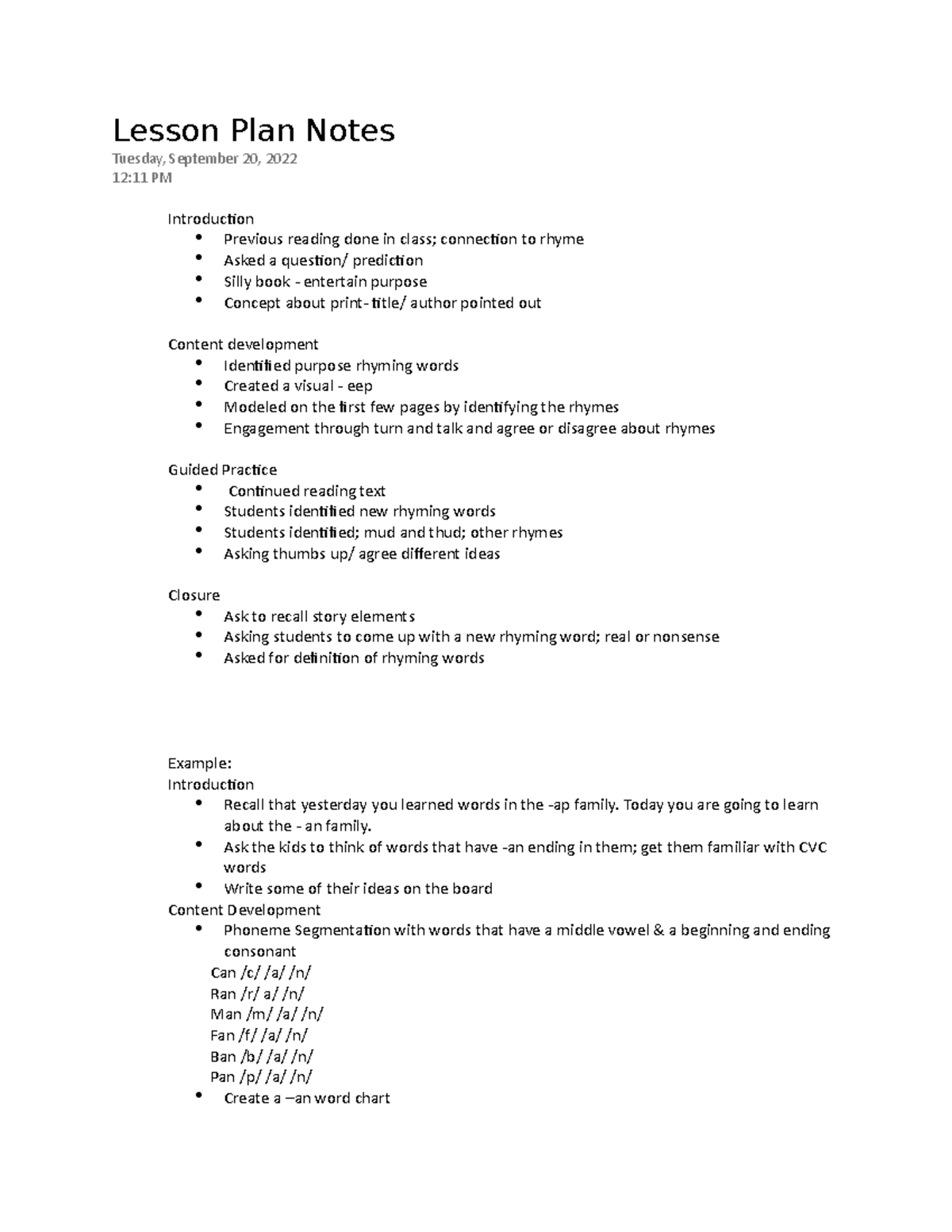 Lesson Plan Notes - Lesson Plan Notes Tuesday, September 20, 2022 12:11 ...