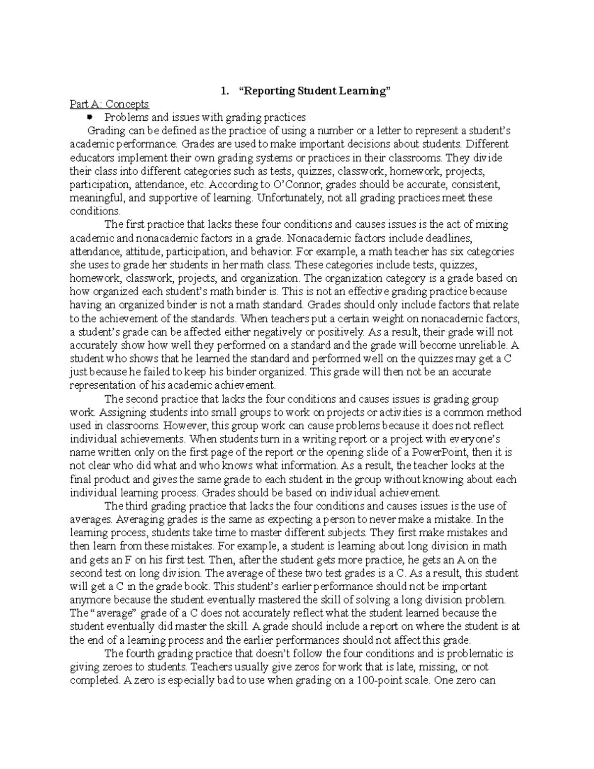 Reaction Paper 2 - work - 1. “Reporting Student Learning” Part A ...