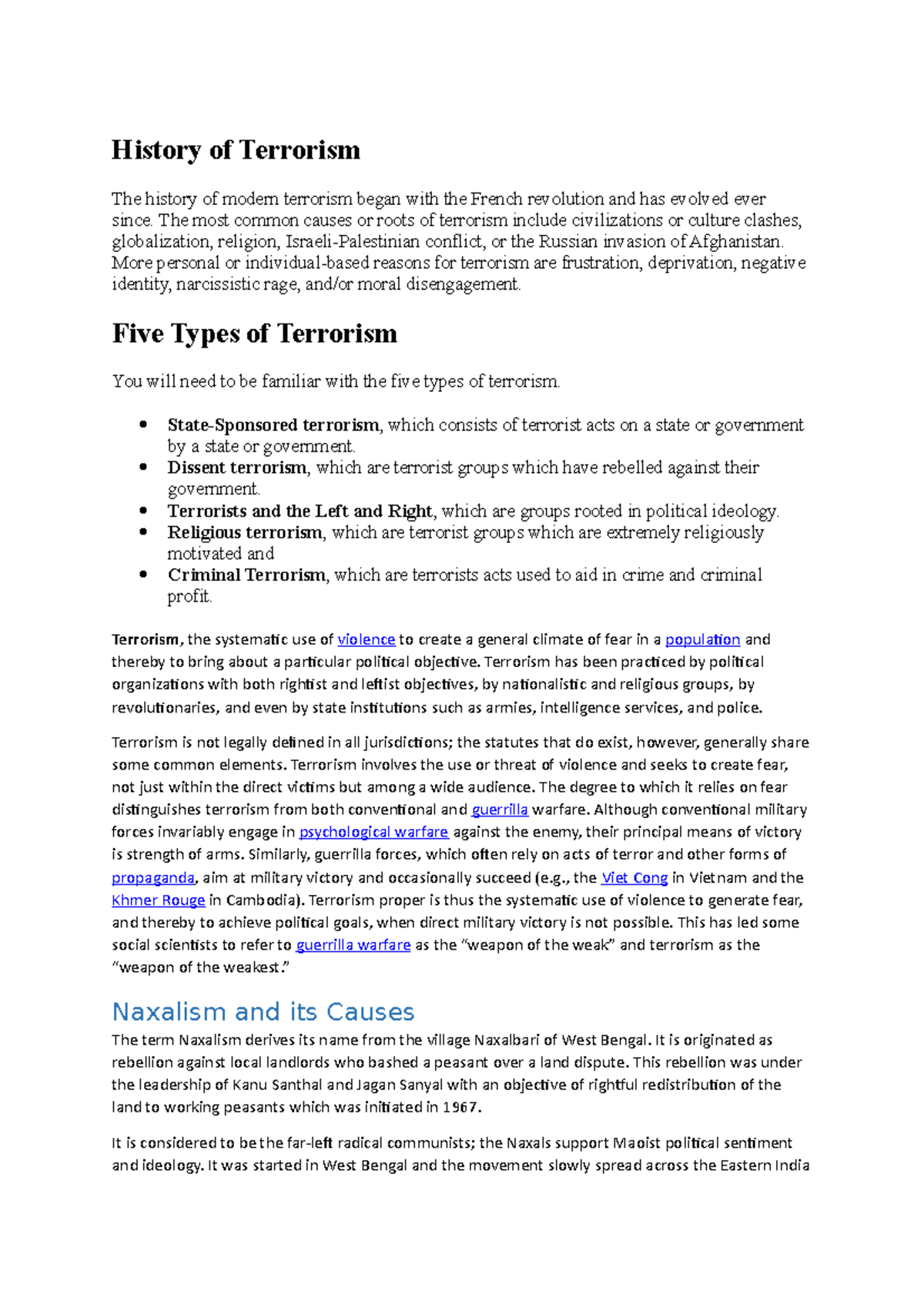 History of Terrorism - It's a lecture notes - History of Terrorism The ...