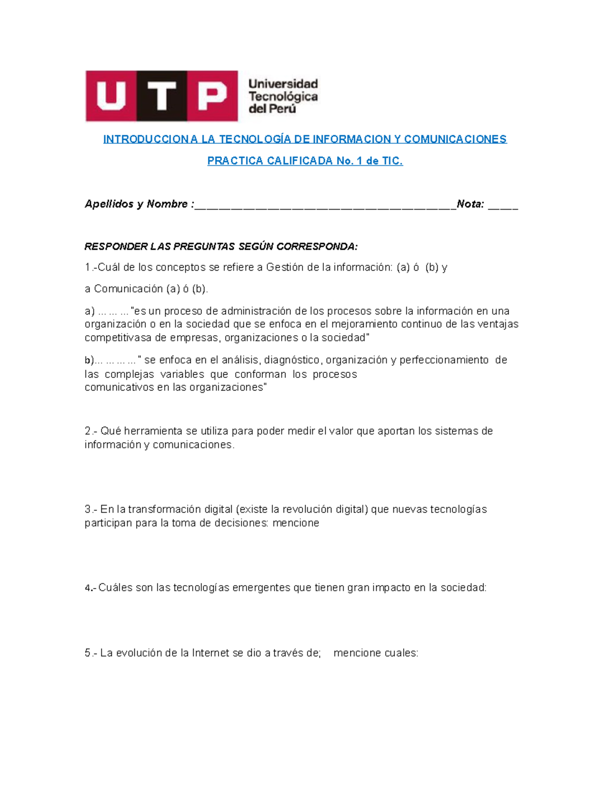 Práctica Calificada 1 de Tecnología de Información y Comunicaciones TIC ...