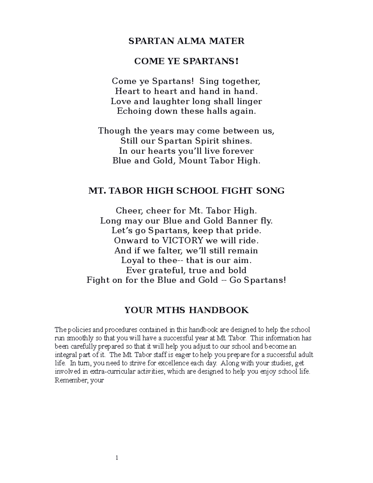 Student handbook 11-12 - SPARTAN ALMA MATER COME YE SPARTANS! Come ye ...