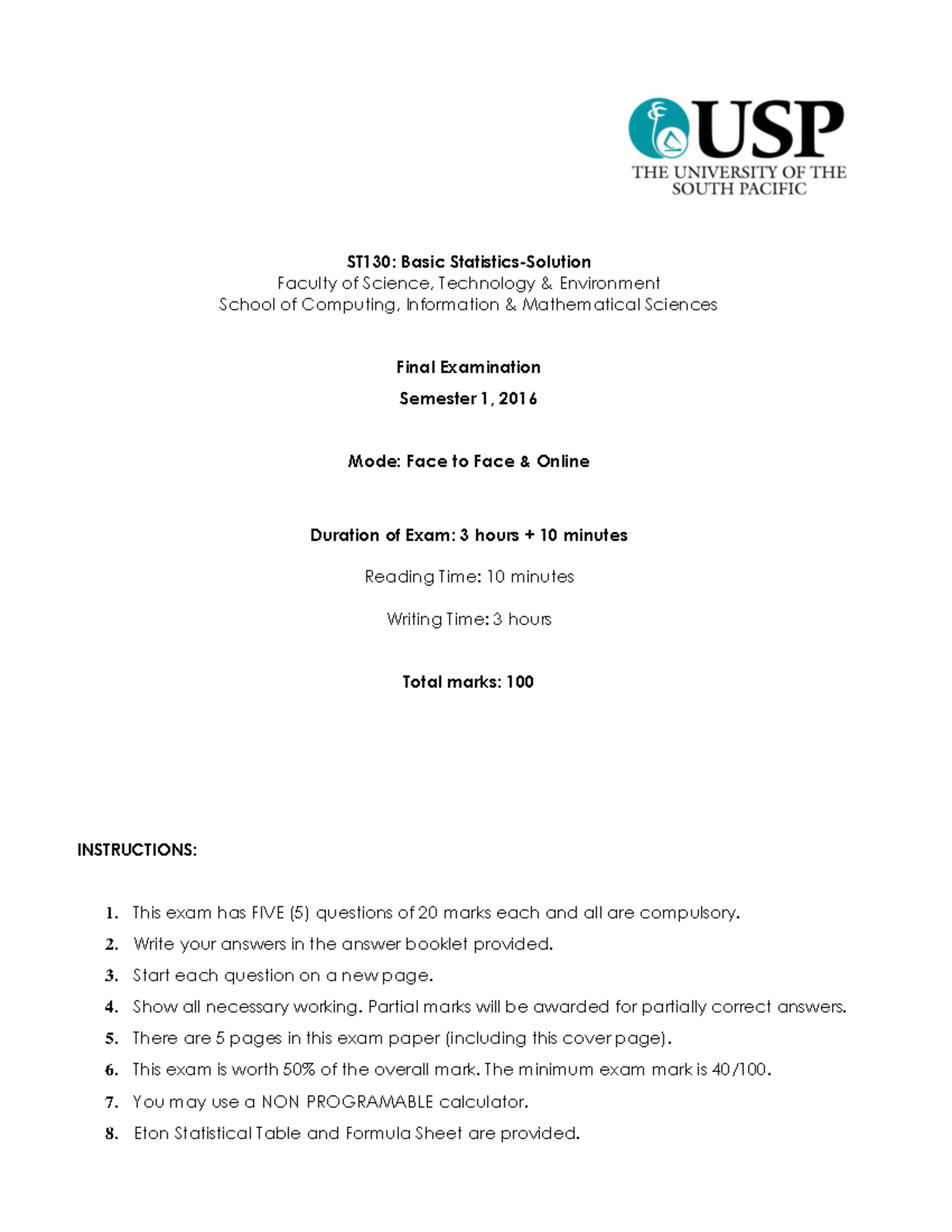 S1 2016 Sol - fyi - ST130: Basic Statistics-Solution Faculty of Science ...