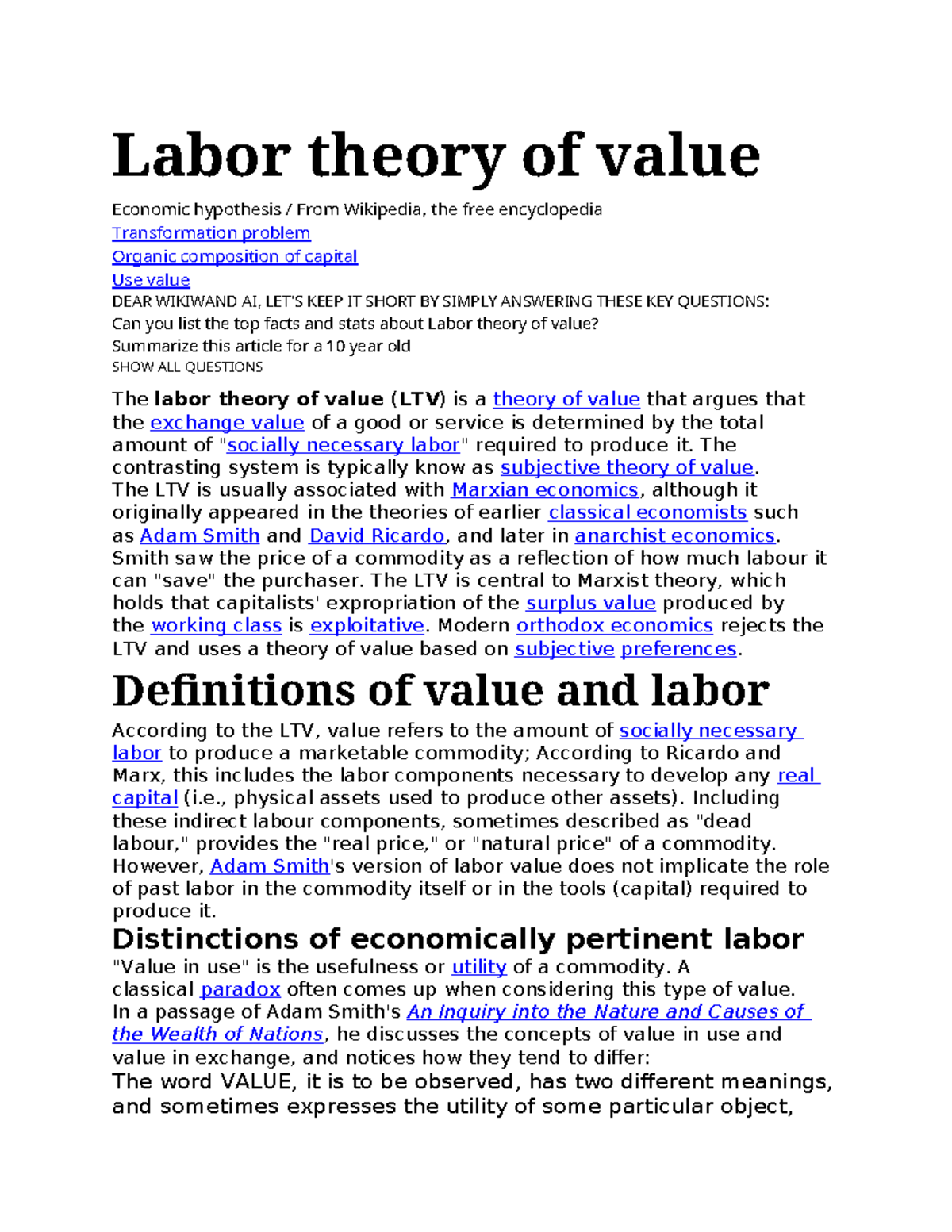 Labor theory of value - .... - Labor theory of value Economic ...