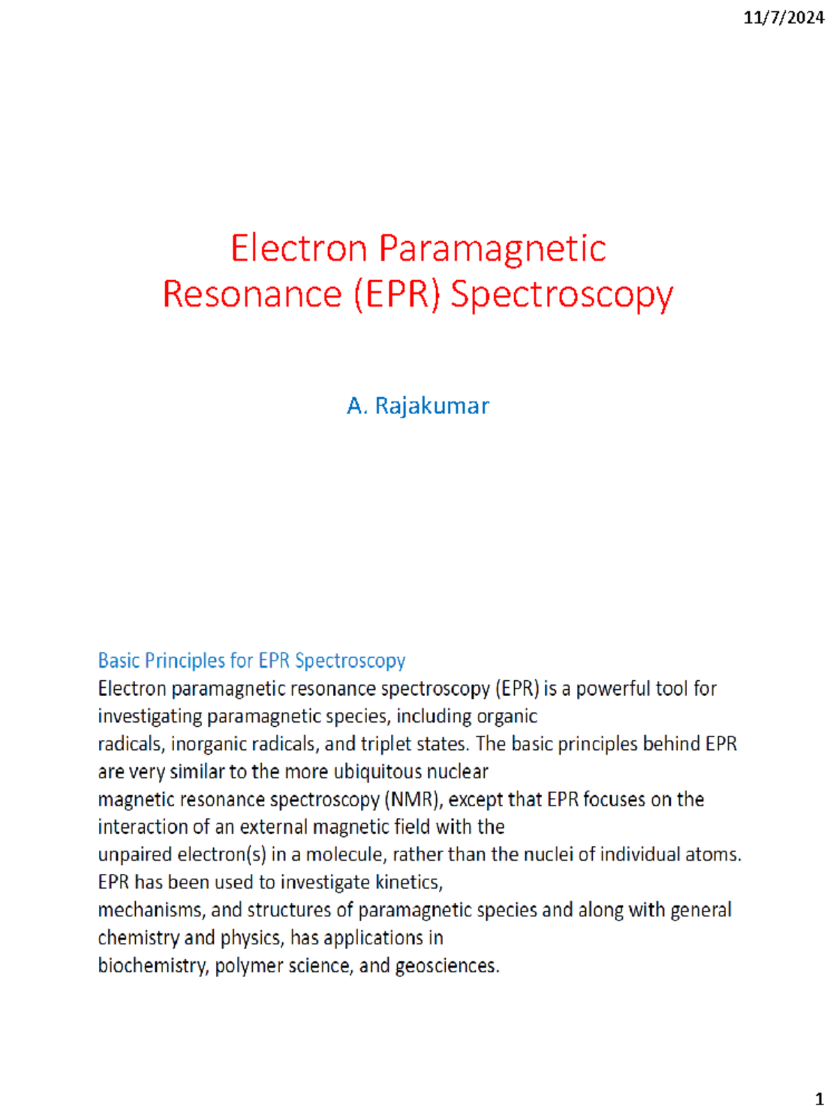 EPR Spectroscopy - Instrumental methods of analysis - Electron ...