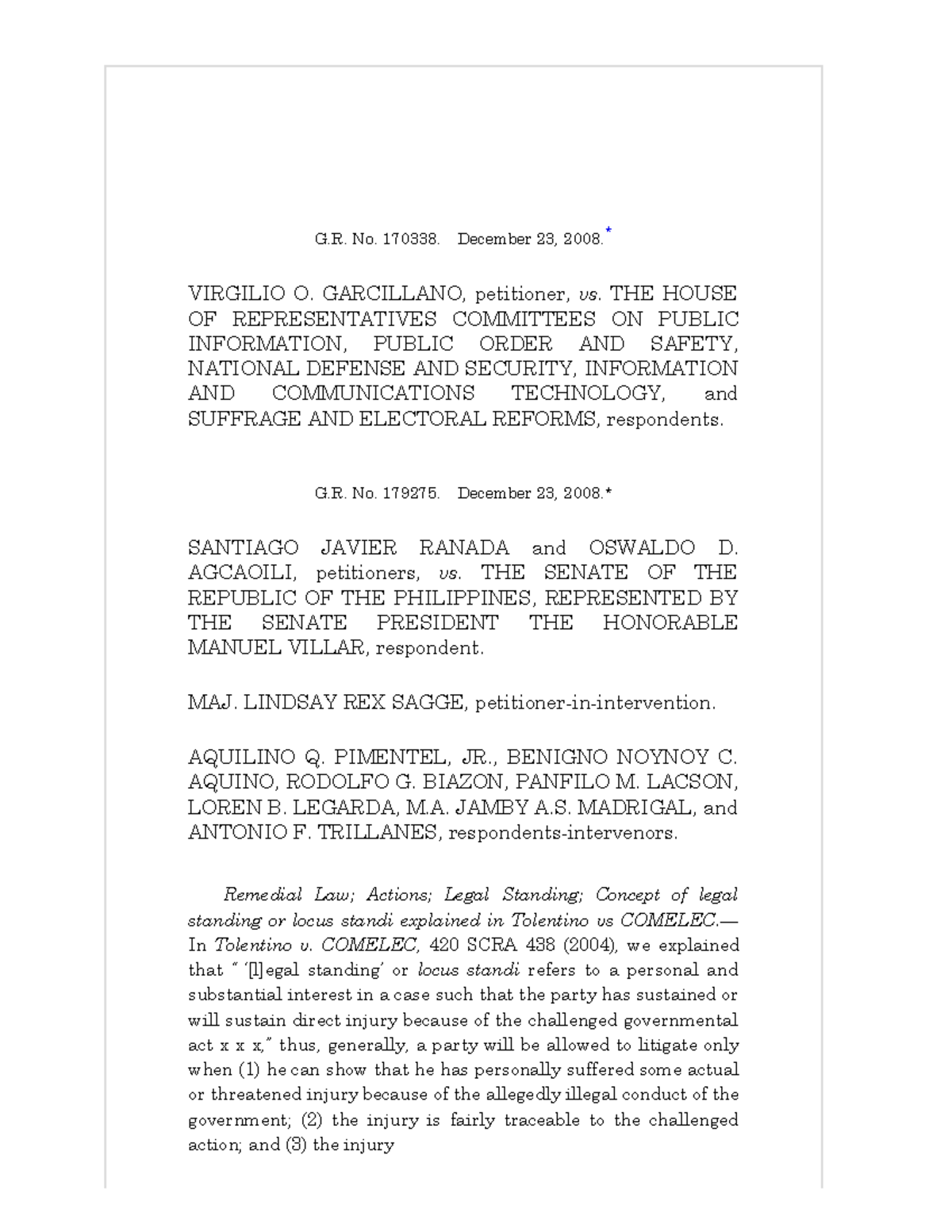 Garcillano vs. House of Representatives, G.R. No. 170338. December 23 ...