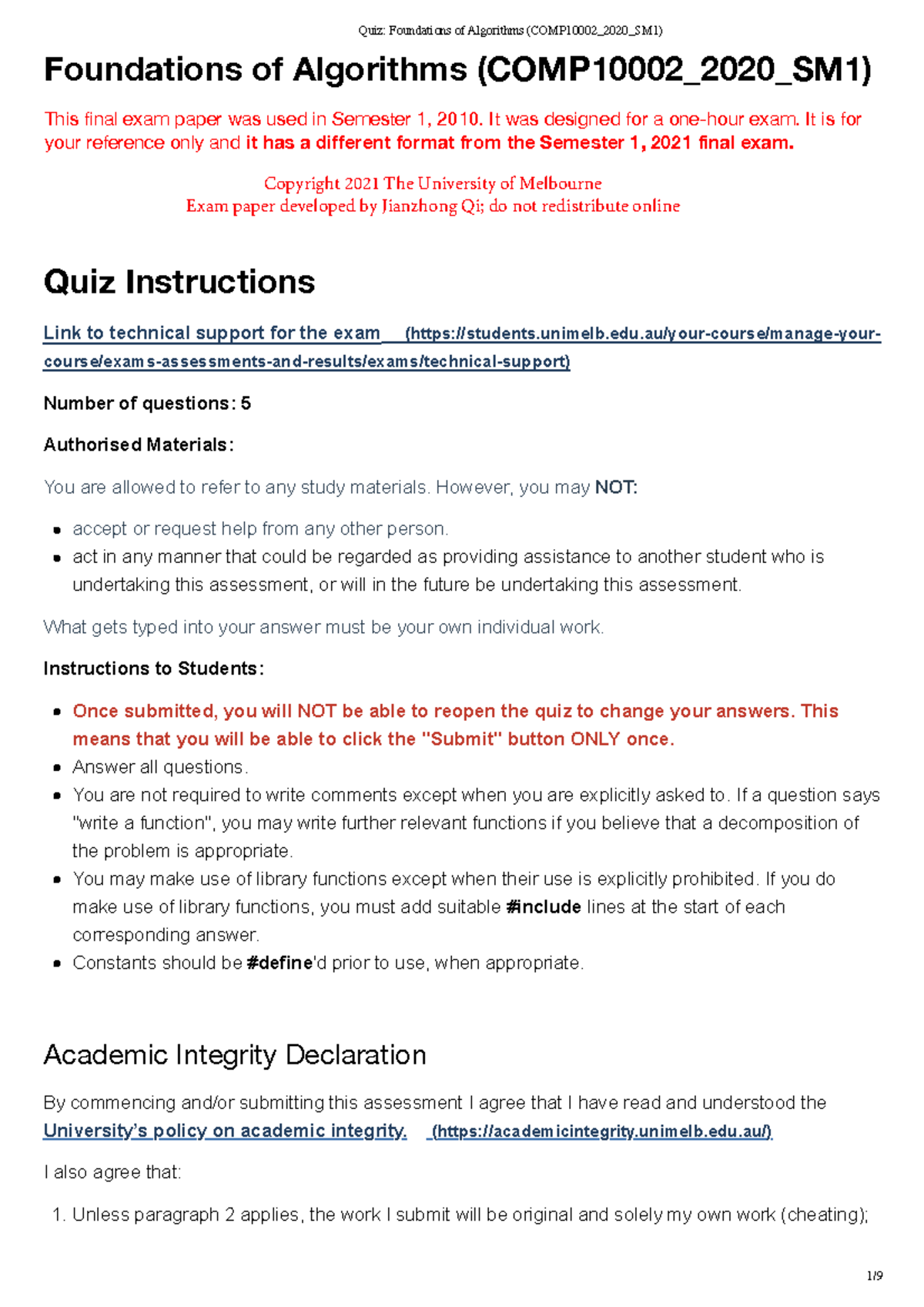 Past exam 2020 - Practice Exam for Foundations of Algorithms - Quiz ...