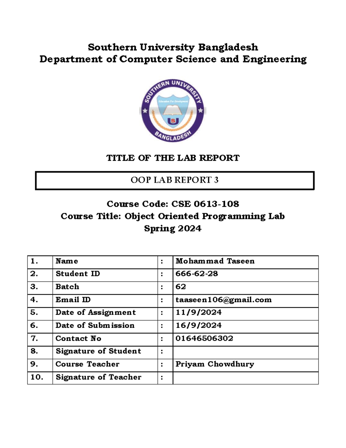 OOP Lab Report 3 (Fall 2024) (666-62-28) - Southern University Bangladesh Department of Computer ...