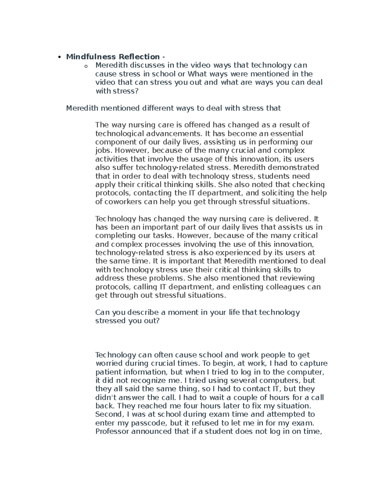 Week 7- Mindfulness Reflection - Mindfulness Reflection - o Meredith ...