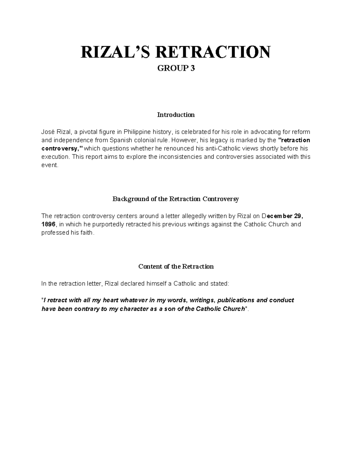 Rizal Retraction - RIZAL’S RETRACTION GROUP 3 Introduction José Rizal ...
