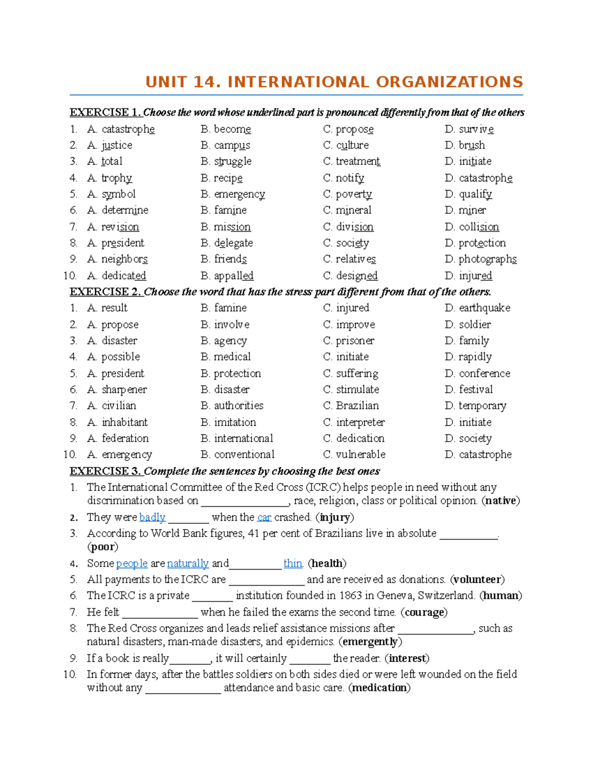 K12-exercises-UNIT 14 - UNIT 14. INTERNATIONAL ORGANIZATIONS EXERCISE 1 ...