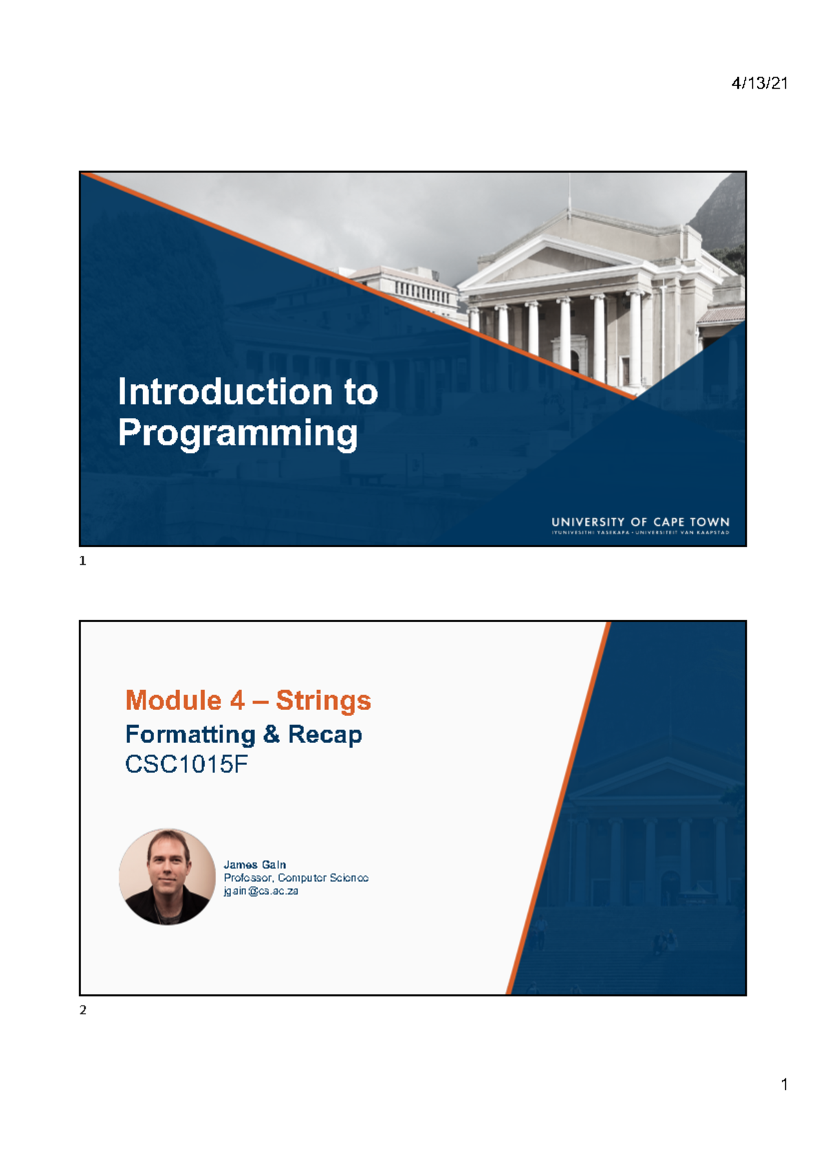 Strings 4 Strings Slides Introduction To Programming 1 James Gain Professor Computer