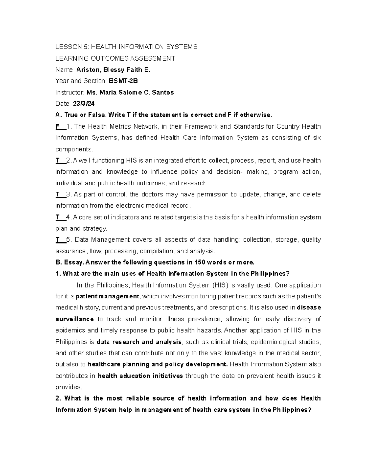 Lesson 5 HIS - LESSON 5: HEALTH INFORMATION SYSTEMS LEARNING OUTCOMES ...