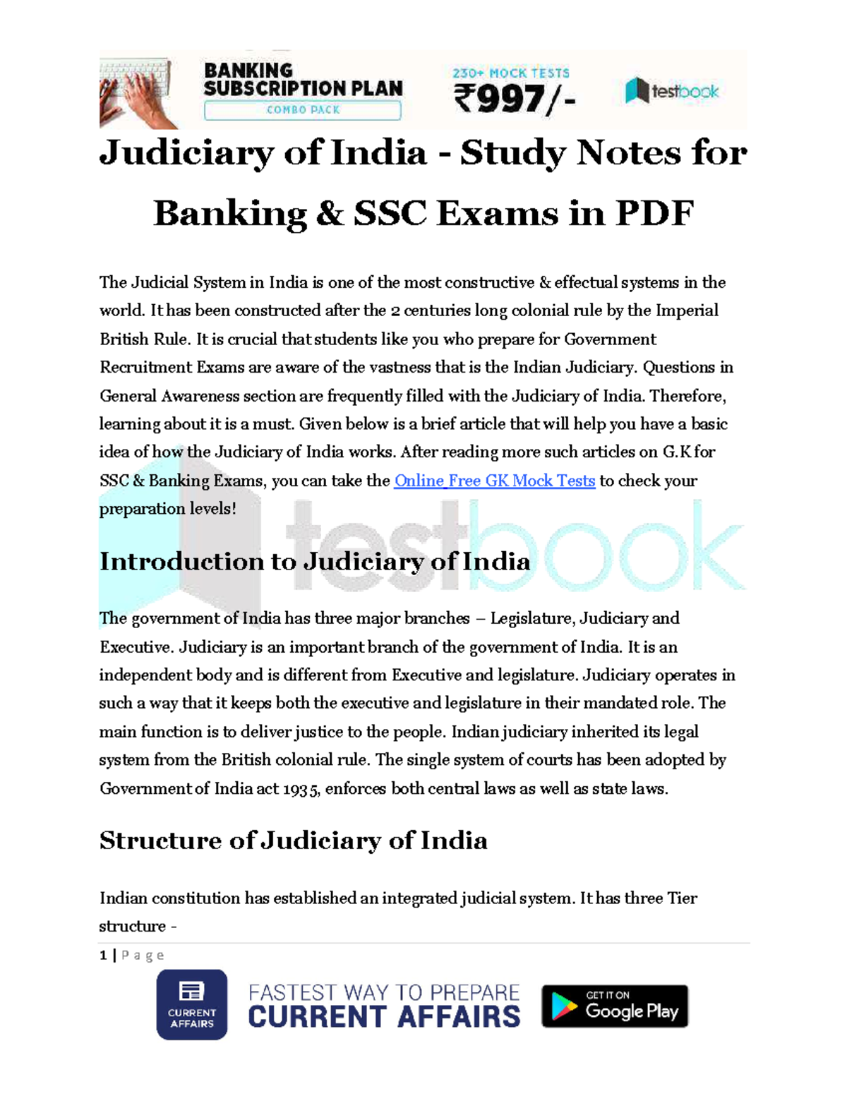Judiciary of India Study Notes for Banking SSC Exams in PDF - Judiciary ...
