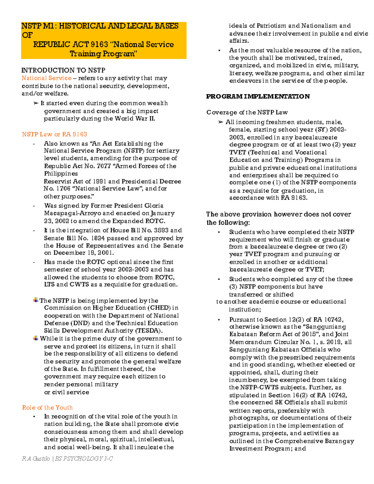 NSTP-Rev - qmsksla skksk - NSTP M1: HISTORICAL AND LEGAL BASES OF ...