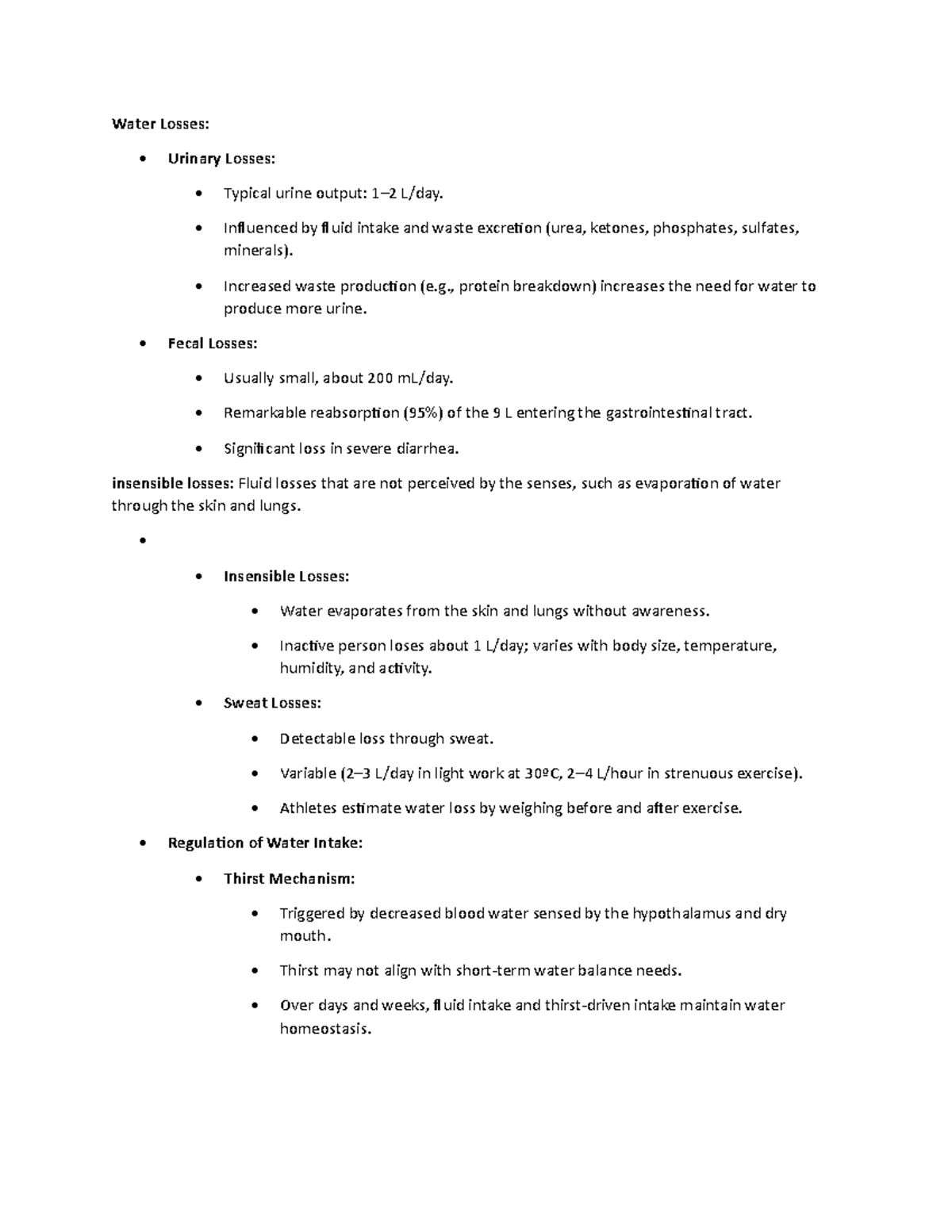 Water the Internal Sea - Notes - Water Losses: • Urinary Losses ...