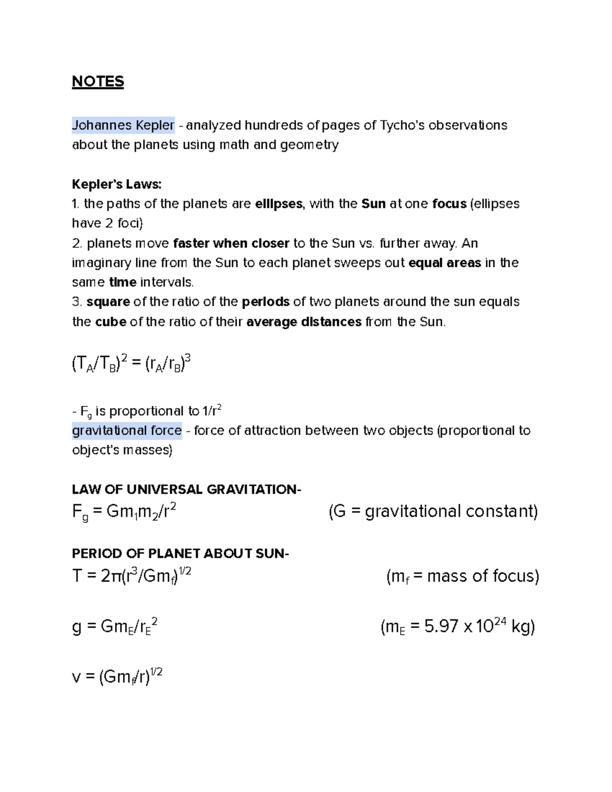 Physics Honors - Chapter 7 Gravitation - NOTES Johannes Kepler ...