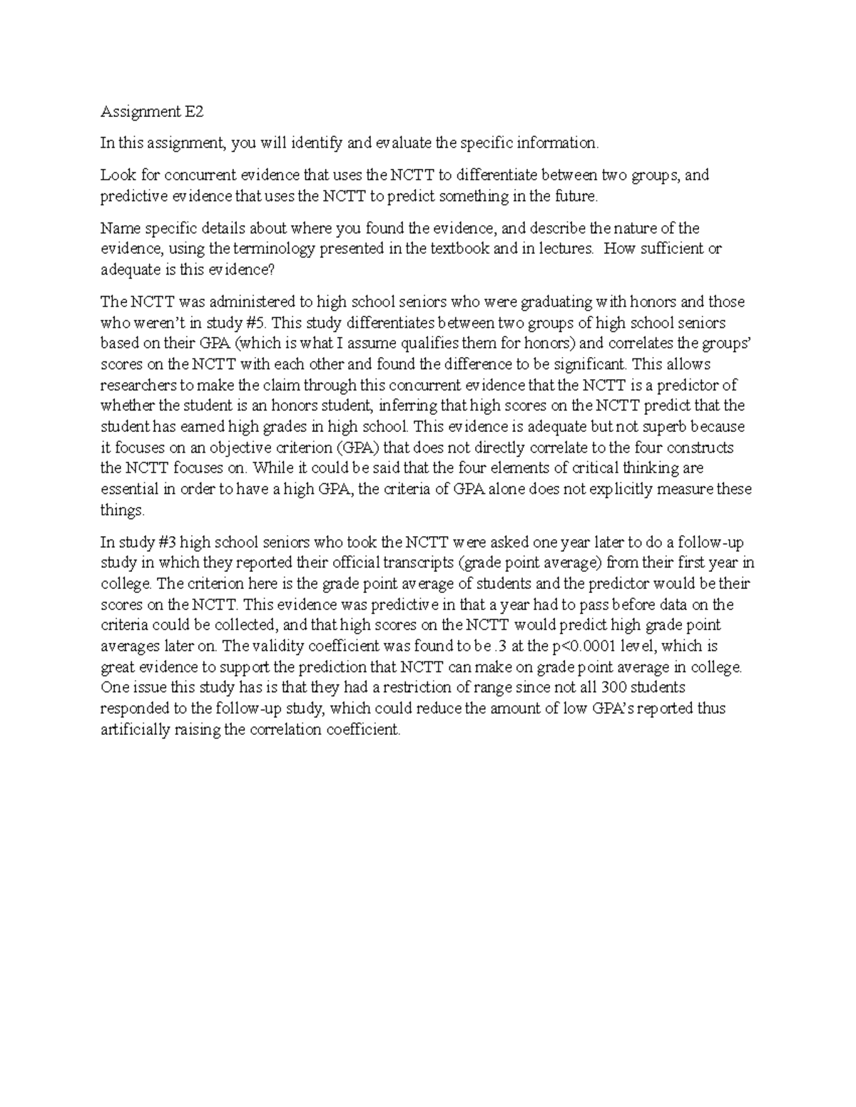 Assign E2 - Assignment E In this assignment, you will identify and ...