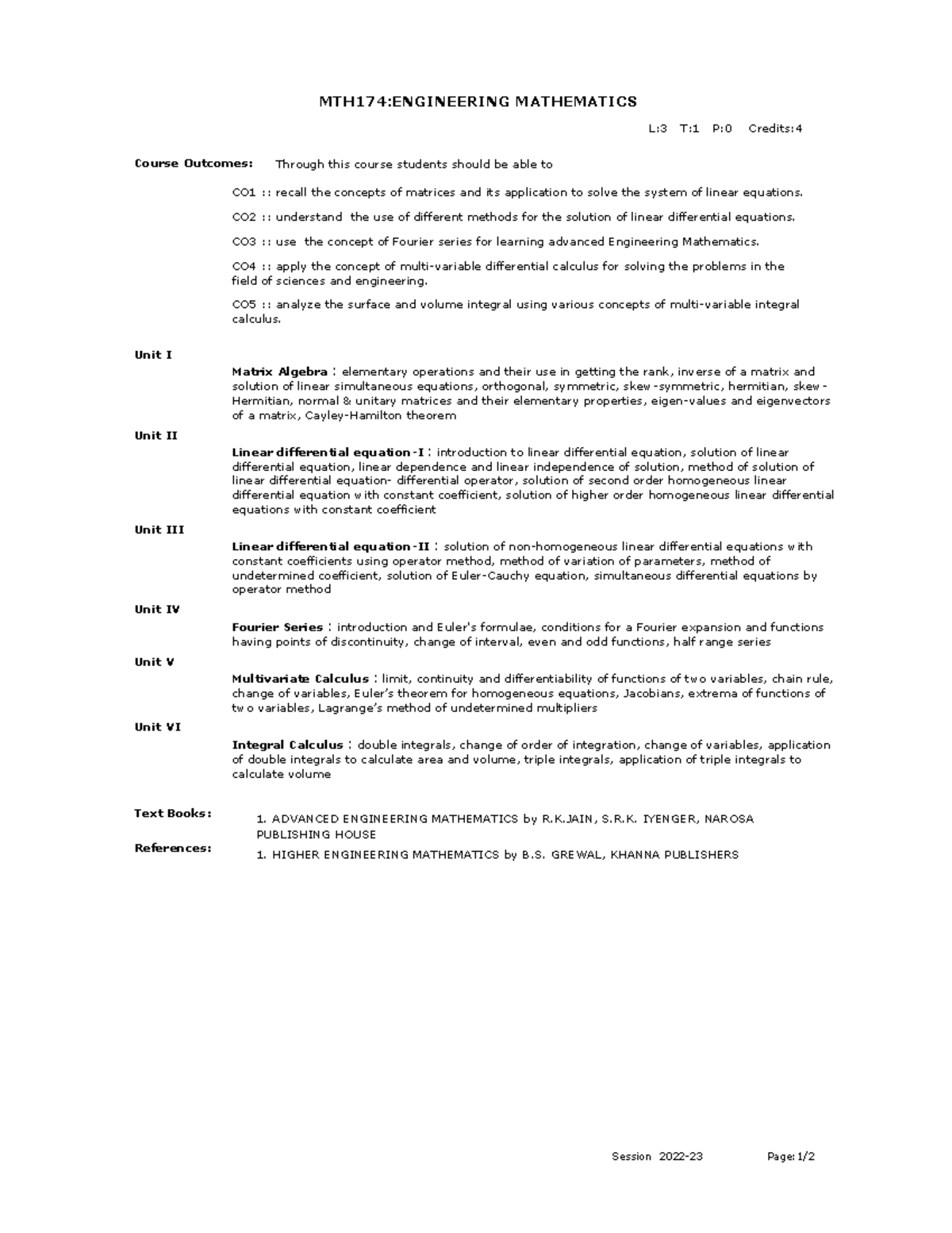 Safari - MTH174:ENGINEERING MATHEMATICS Course Outcomes: CO1 :: recall the concepts of matrices ...