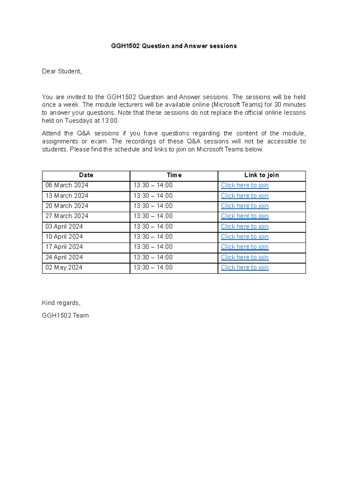 GGH1502 Question and Answer sessions - The sessions will be held once a ...