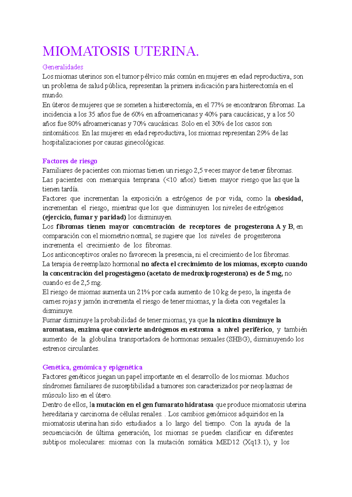 Miomatosis Uterina - Resumen Williams ginecología - MIOMATOSIS UTERINA ...