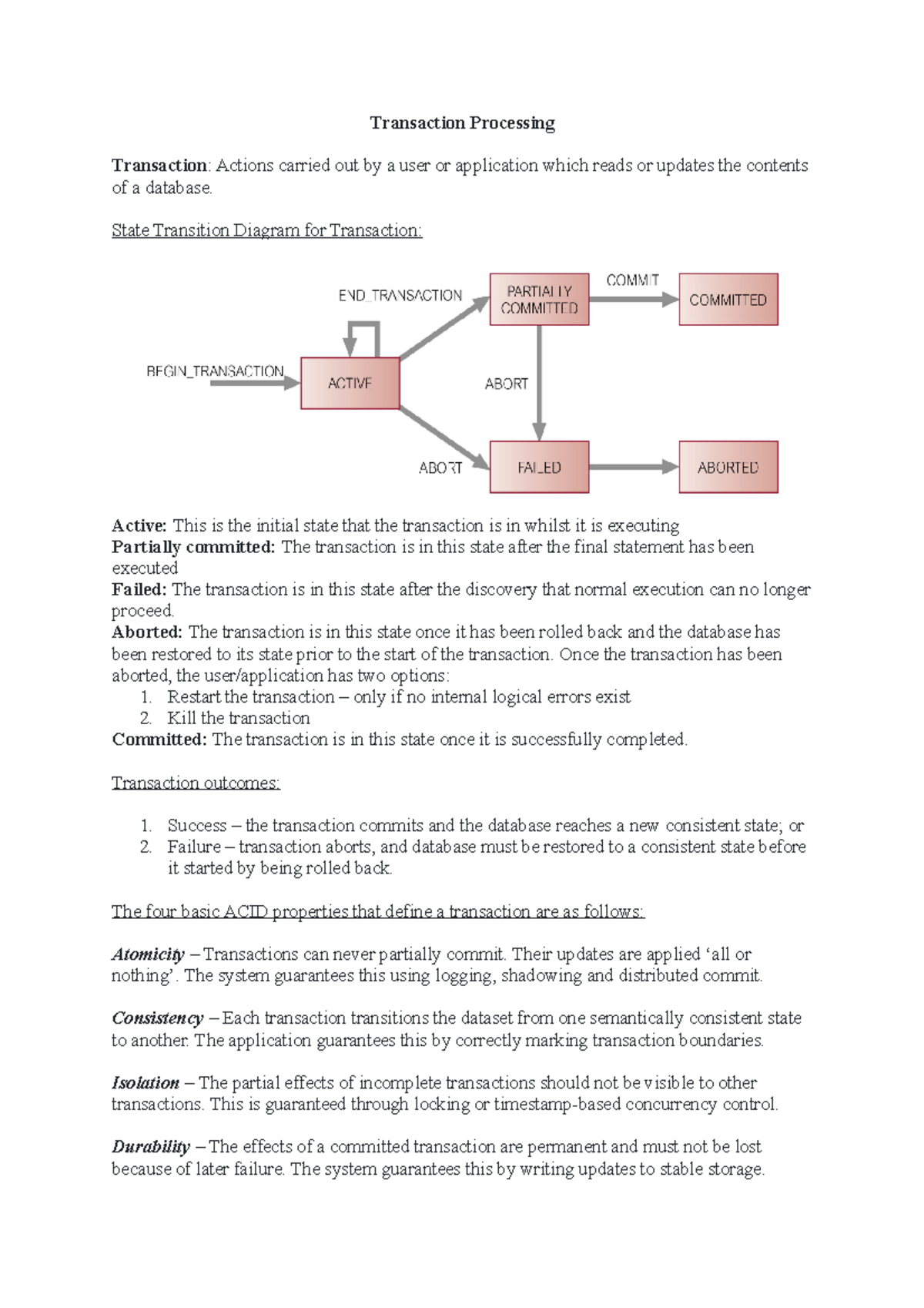 Databases Exam notes - Transaction Processing Transaction : Actions ...