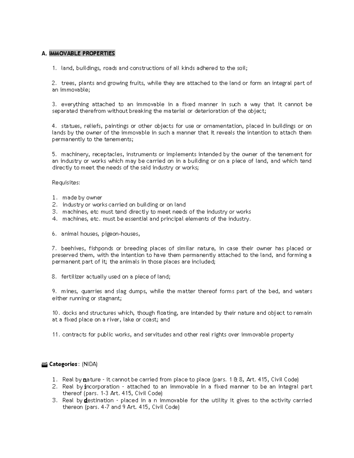 Civil CODE - lAWS - A. IMMOVABLE PROPERTIES land, buildings, roads and ...