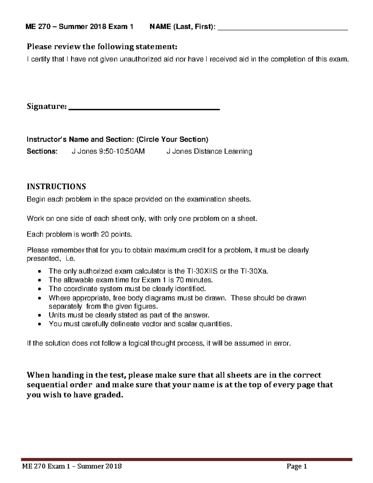 ME 270 Exam 1 - Sum 18 (Original+Final Answers) - Please review the ...
