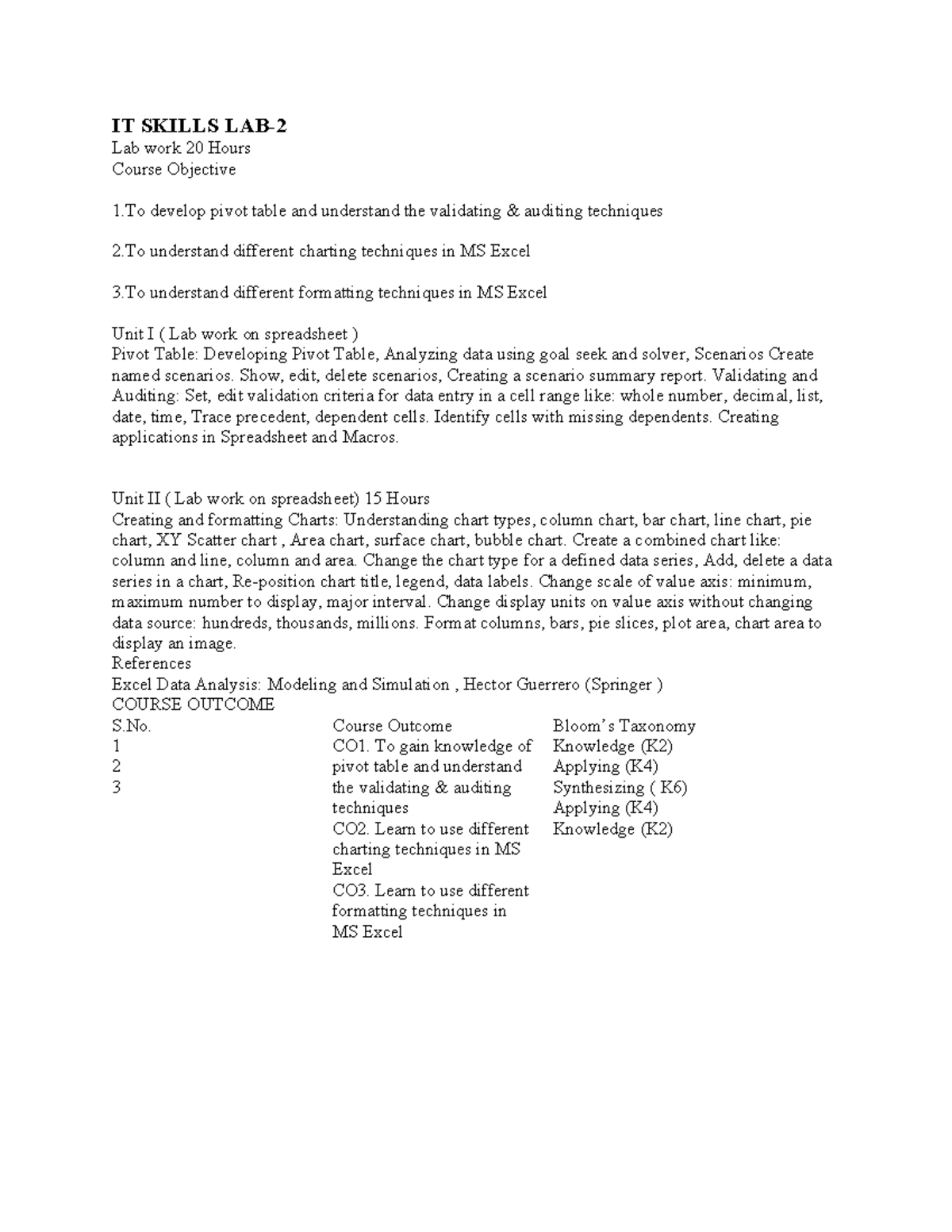 IT Skills LAB 2 Syllabus - IT SKILLS LAB- Lab work 20 Hours Course ...