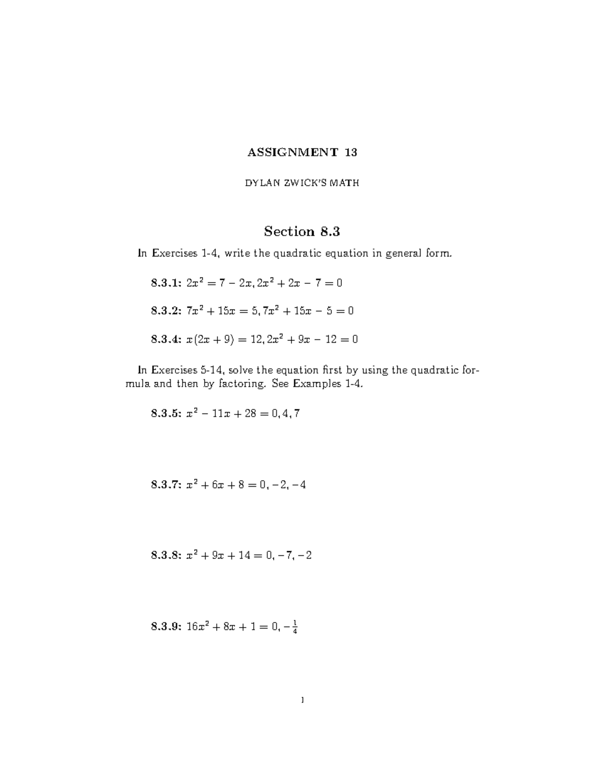 Seminar assignments - Assignment 13 solutions - ASSIGNMENT 13 DYLAN ...