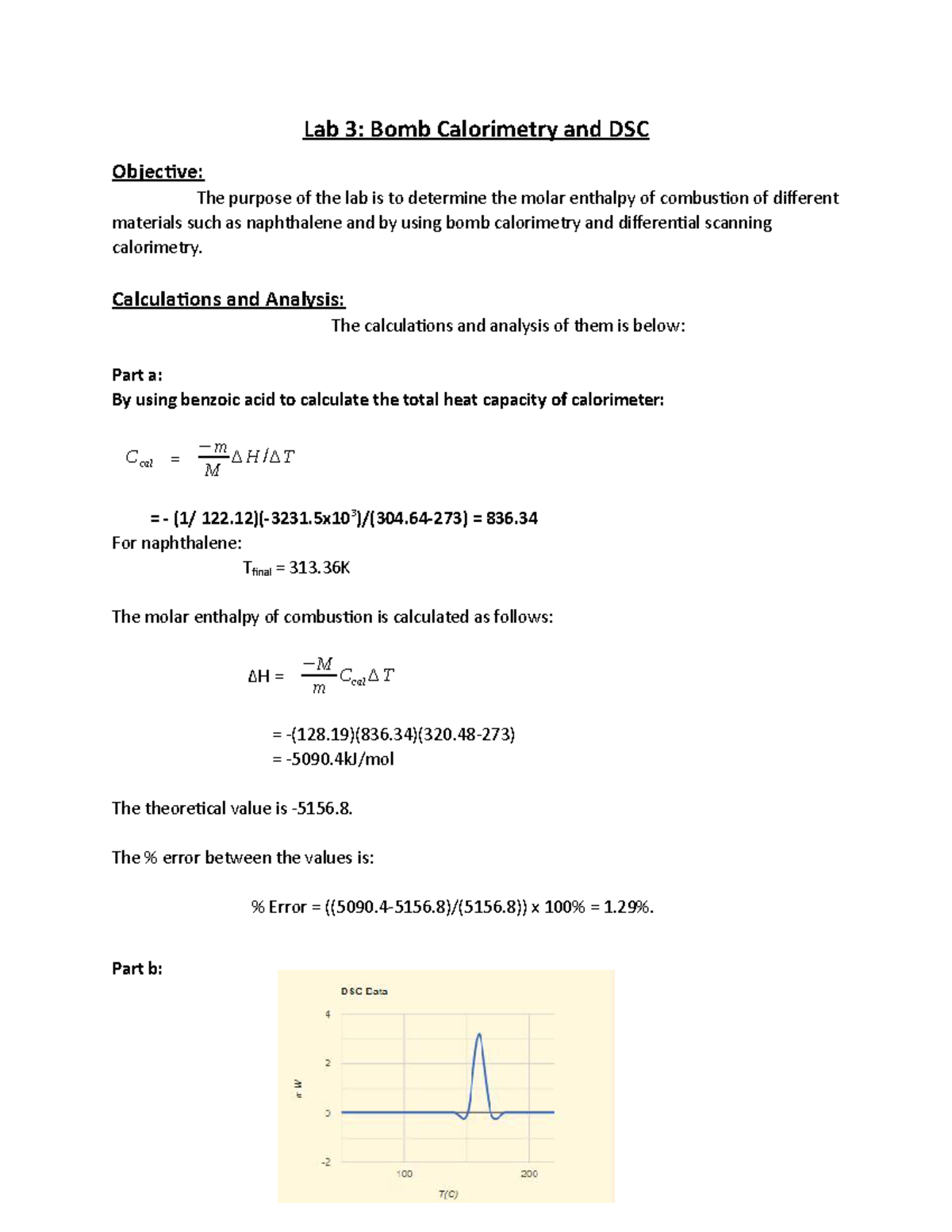 Lab 3 Bomb cal - Physics lab - Lab 3: Bomb Calorimetry and DSC Objecive ...