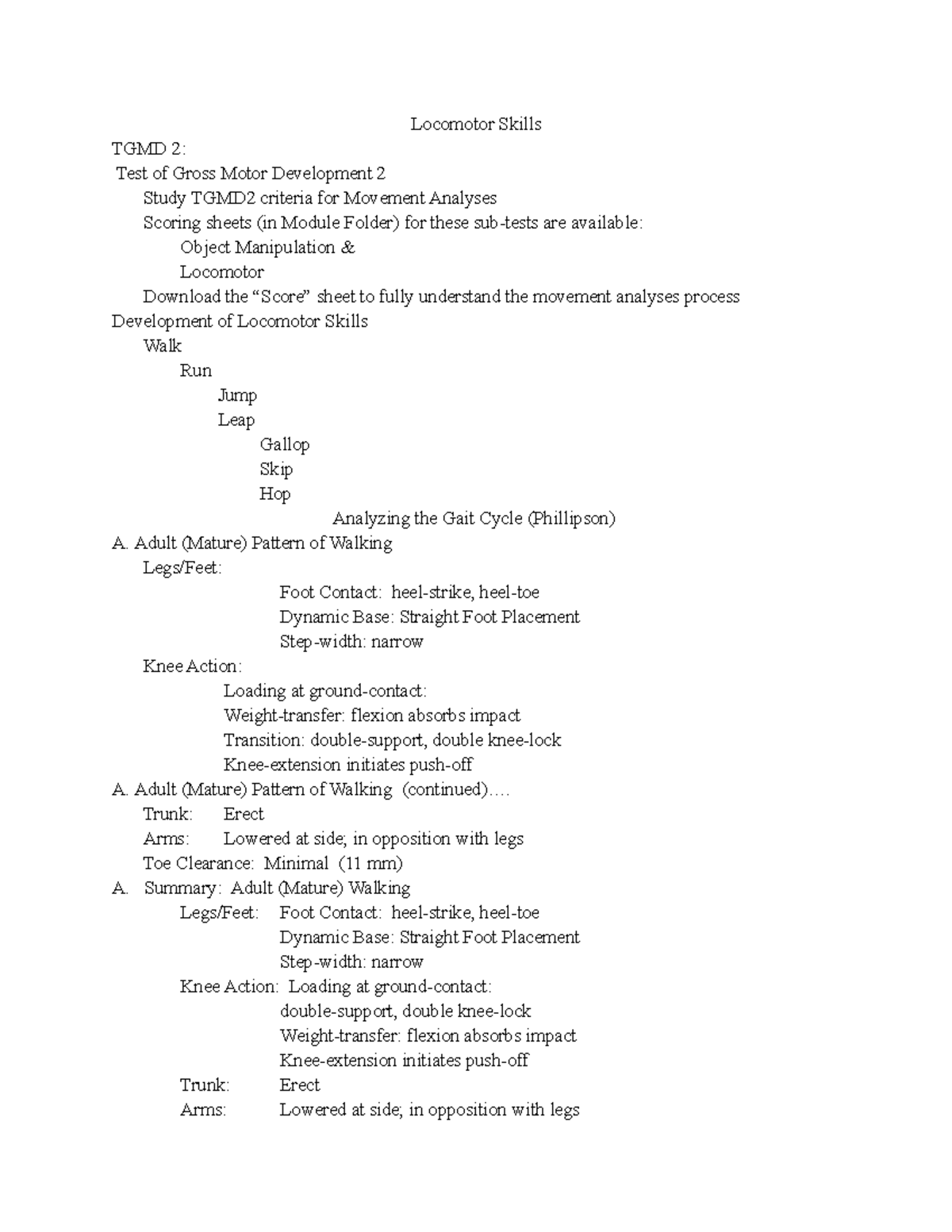 Motor deveopment unit 5 - Locomotor Skills TGMD 2: Test of Gross Motor ...