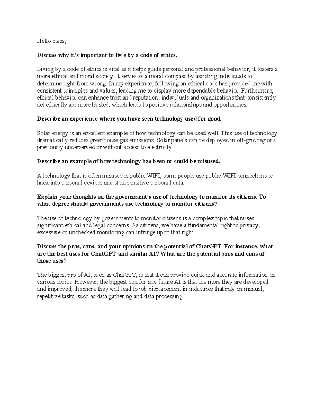 Comp lit - Hello class, Discuss why it’s important to liv e by a code ...