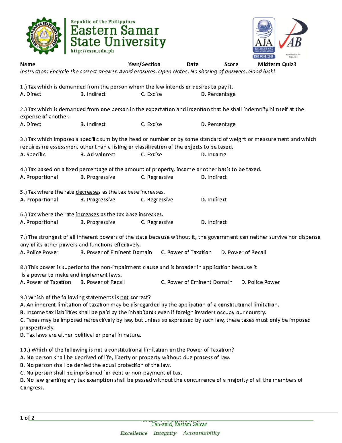 Income taxation - Name______________________________ Year/Section________ Date________ Score ...