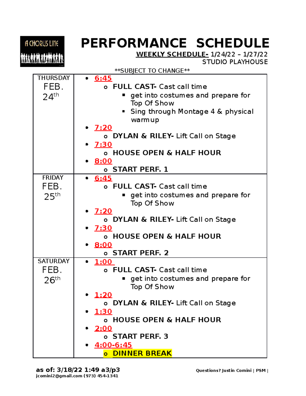Performance Schedule Outline - PERFORMANCE SCHEDULE WEEKLY SCHEDULE- 1 ...