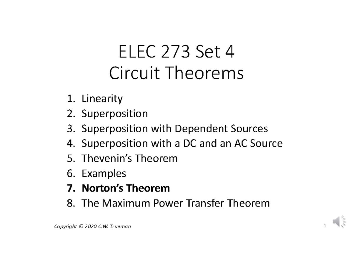 4 7 Nortons Theorem - chapter 4 - ELEC 273 Set 4 Circuit Theorems 1. Linearity 2. Superposition ...