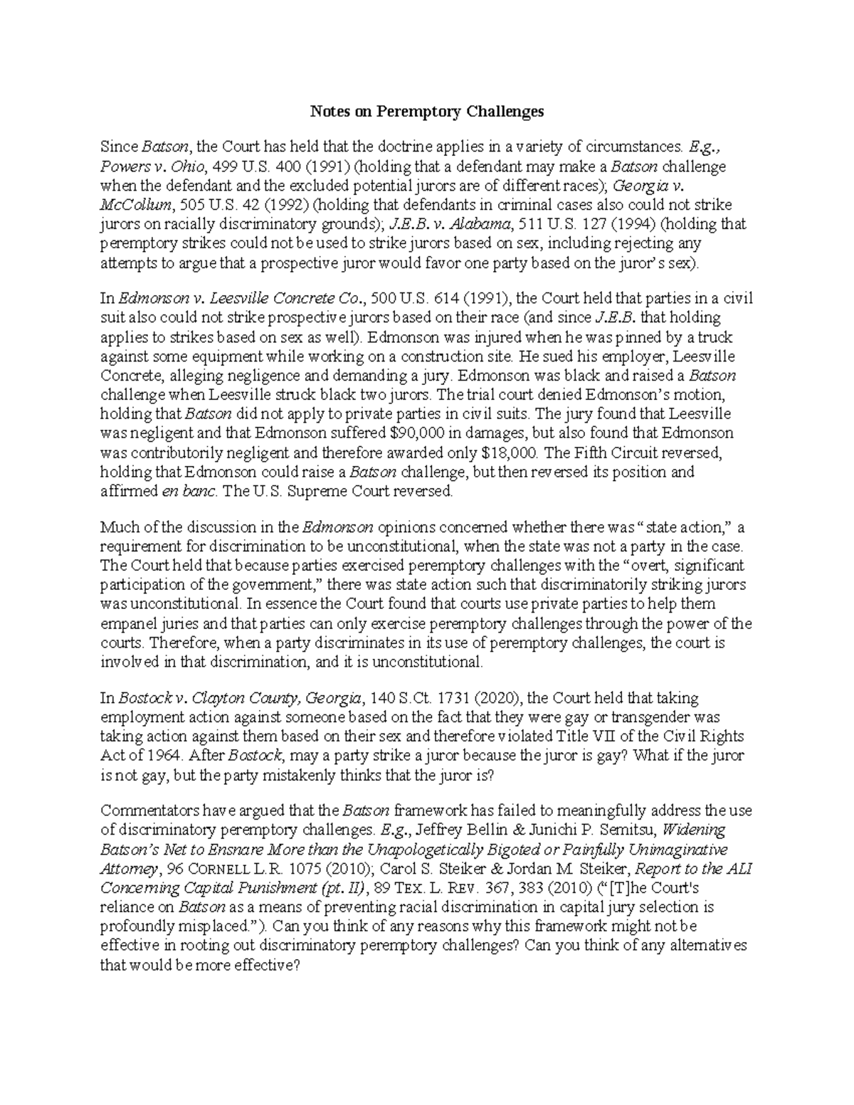 Notes on Peremptory Challenges - E., Powers v. Ohio, 499 U. 400 (1991 ...