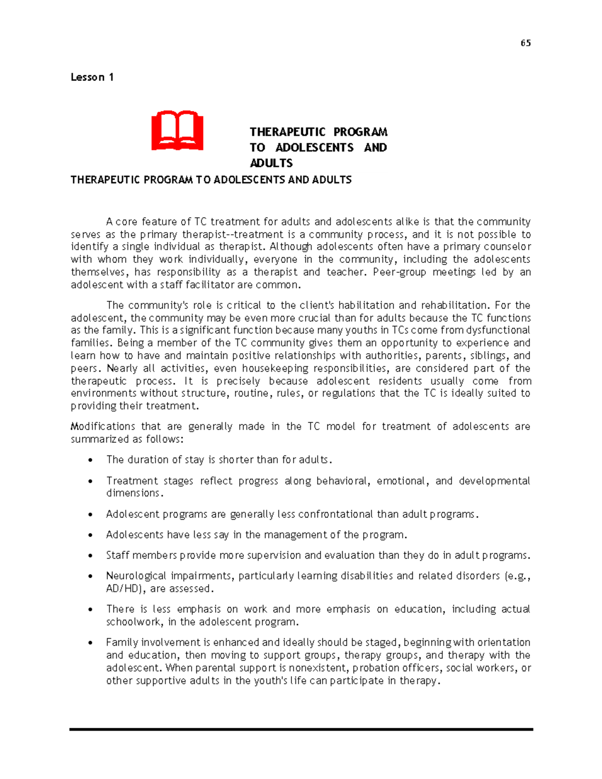 Threaputic Programs to Adolescents and Adults - 65 Lesson 1 THERAPEUTIC ...