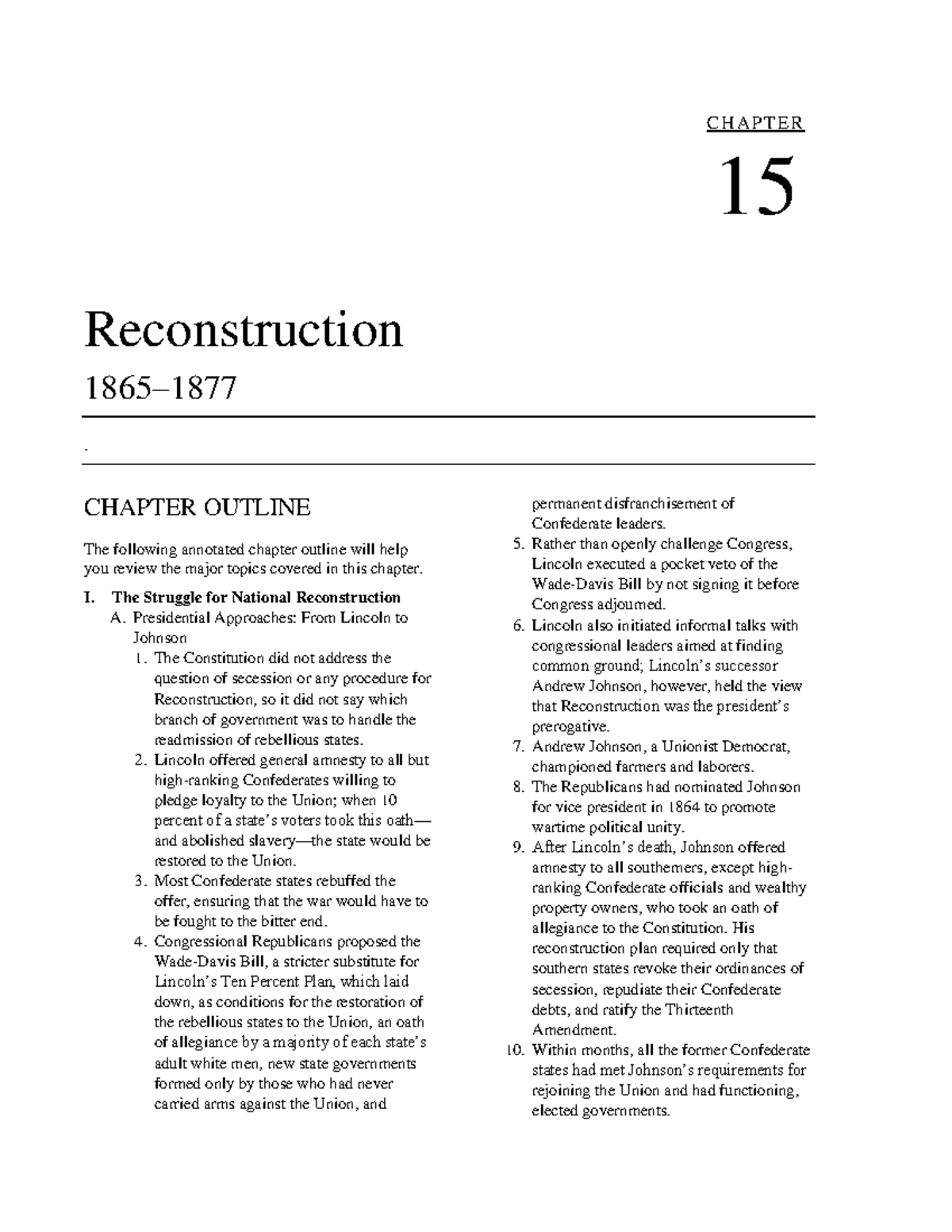 Chapter 15 AP Wilmington - C HAP TER 15 Reconstruction 1865 – 1877 ...