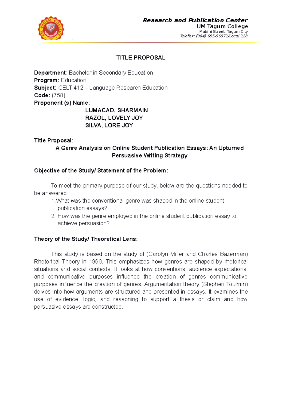 Title- Proposal - good - Research and Publication Center UM Tagum ...