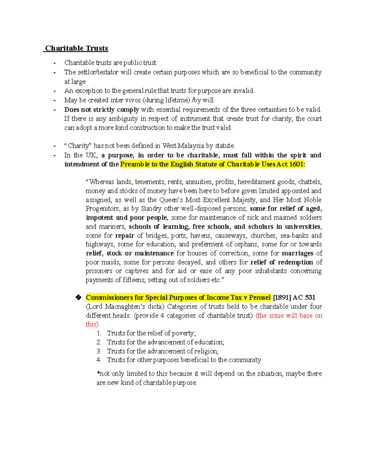Charitable Trusts Notes - Charitable Trusts Charitable trusts are ...