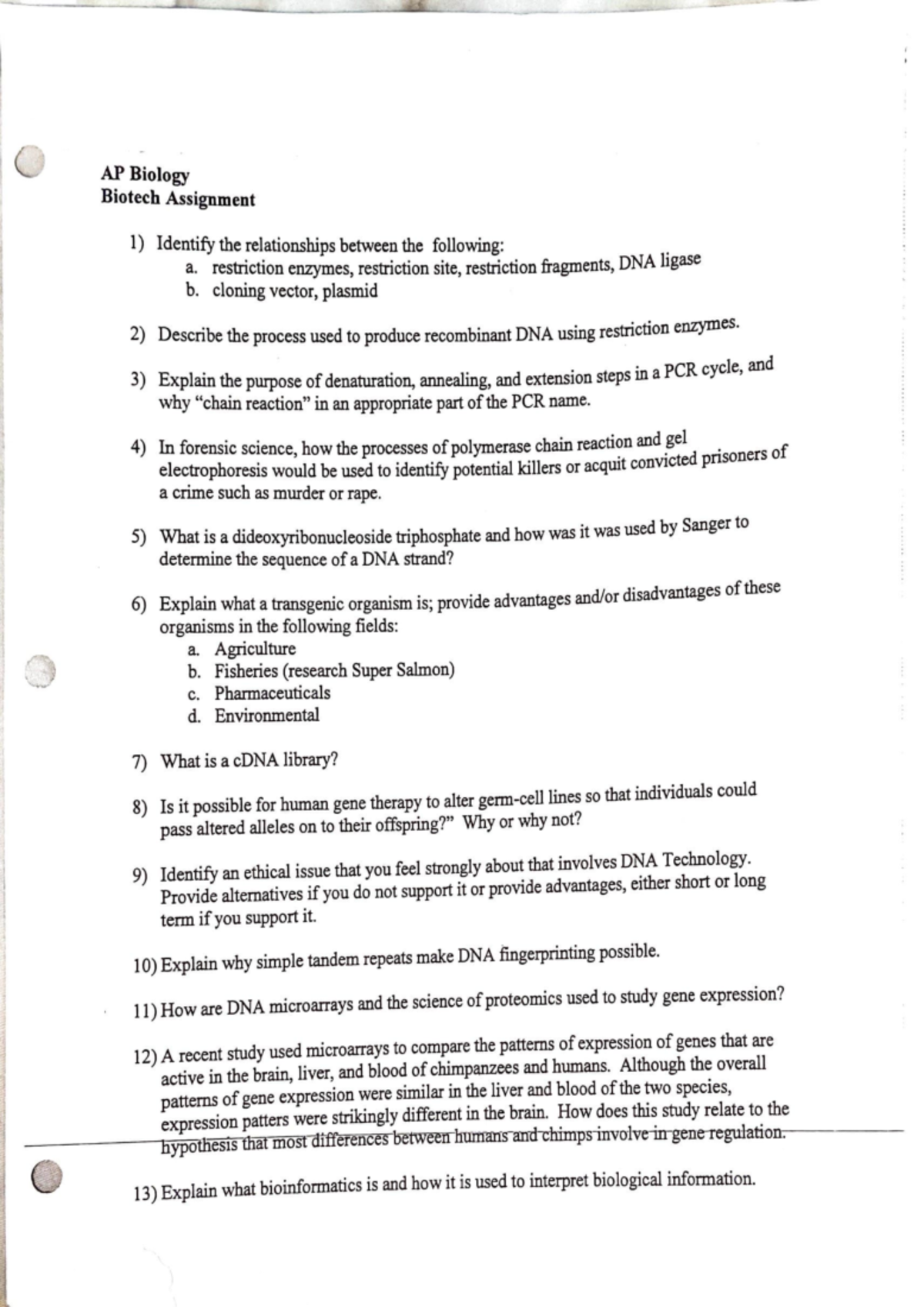 Biotech assignment - AP Biology Biotech Assignment 1 ) Identify the ...