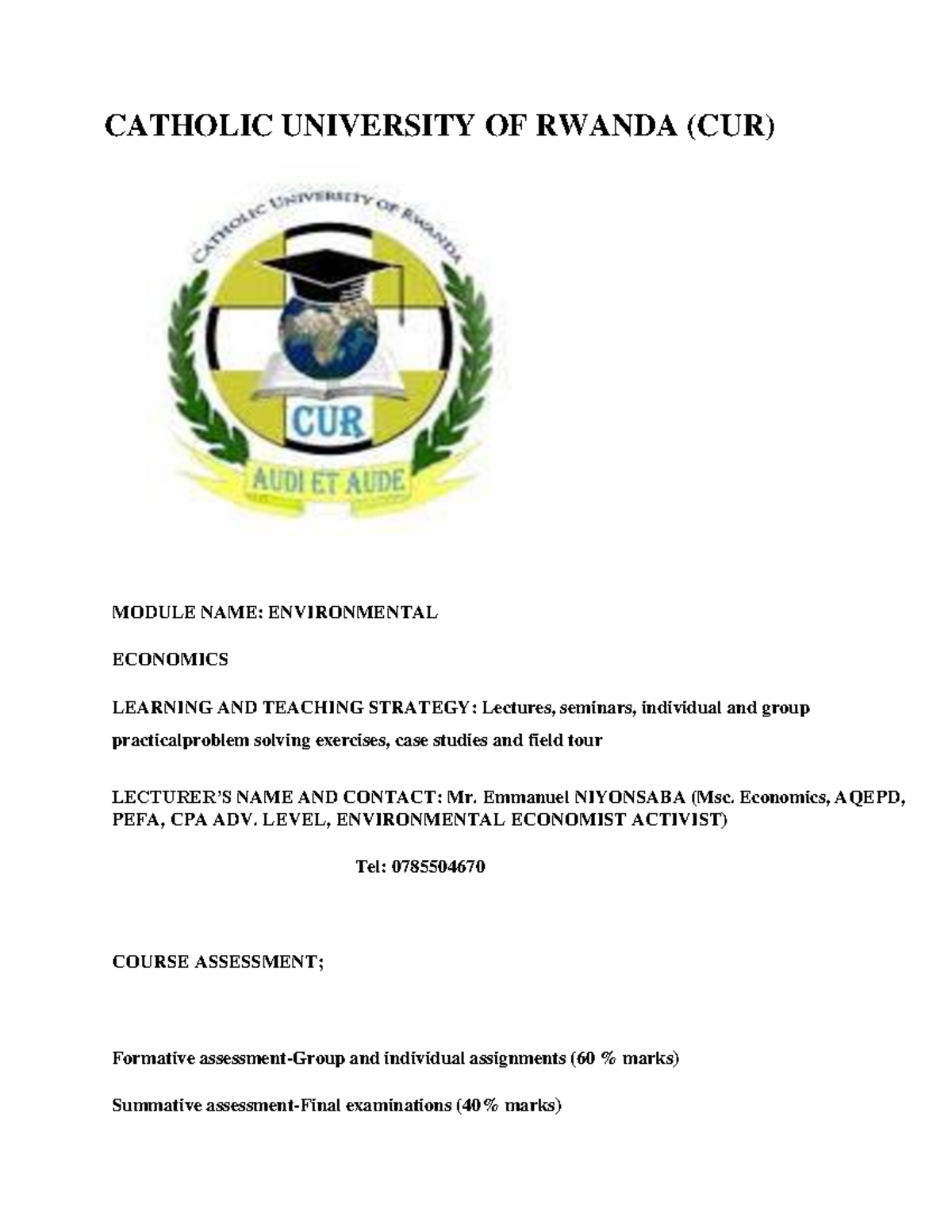 Environmental Economics Lecturer notes - CATHOLIC UNIVERSITY OF RWANDA ...