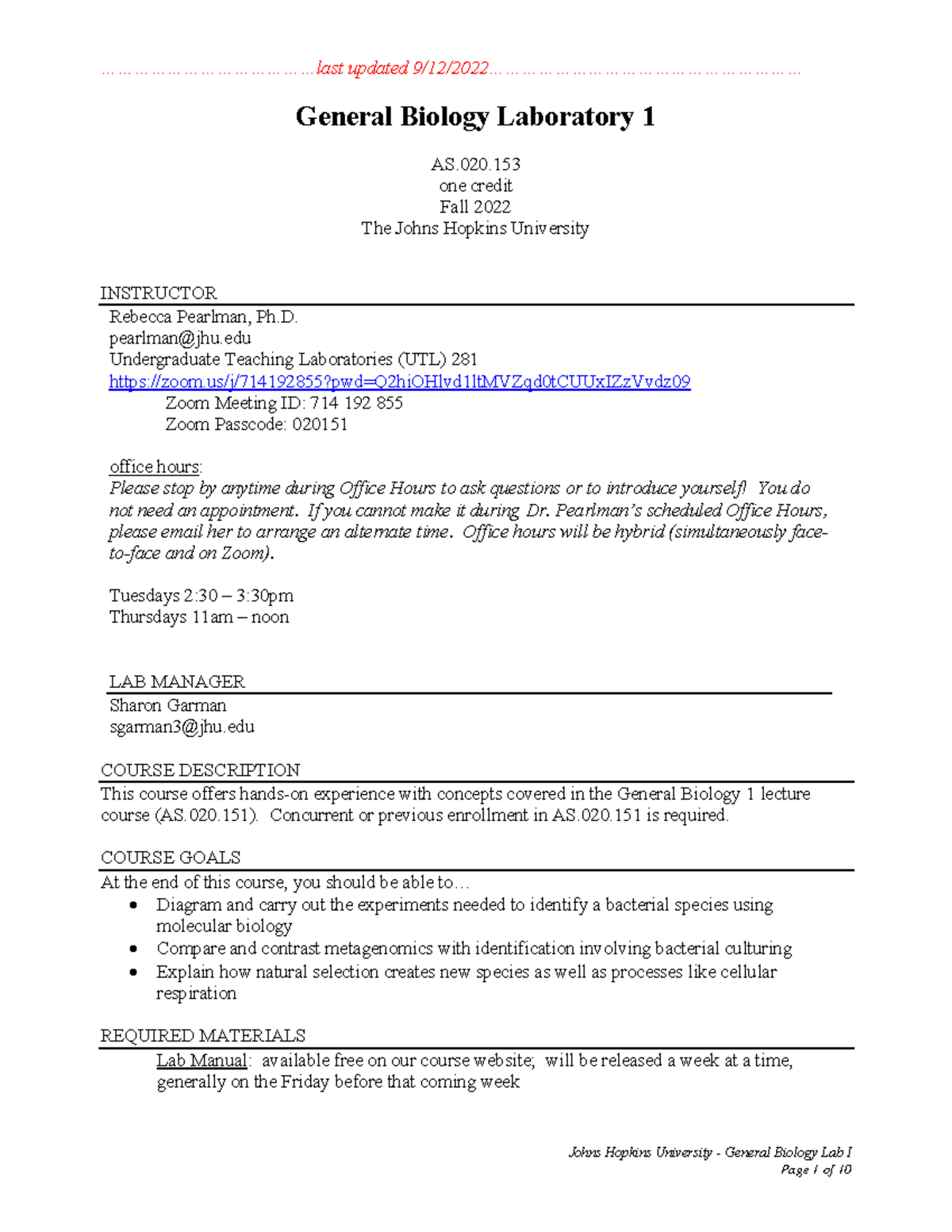 Gen Bio Lab I syllab 9 12 22 - Johns Hopkins University - General ...