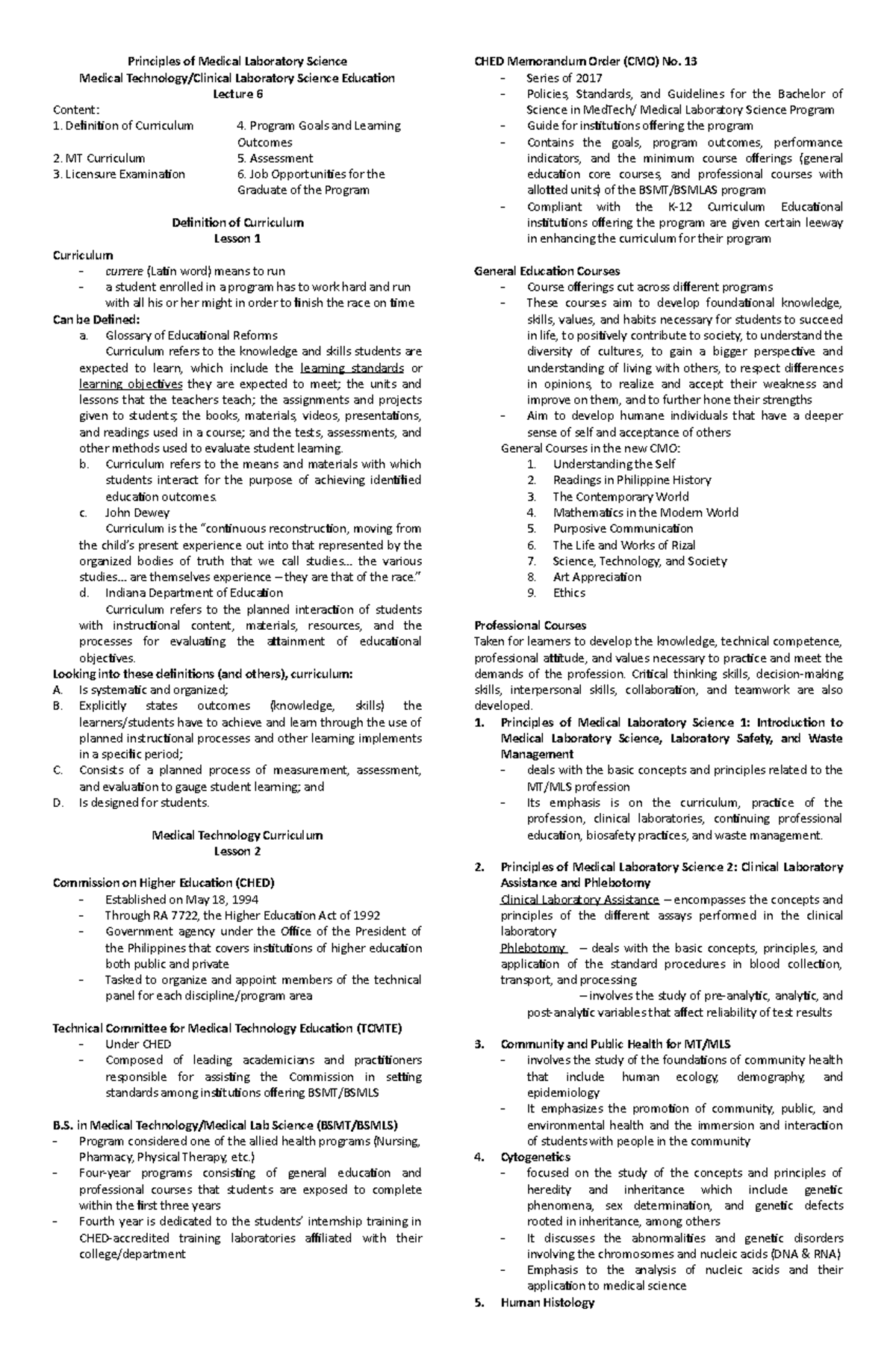 PMLS Lec6 MT or CLS Education - Medical Technology - Studocu