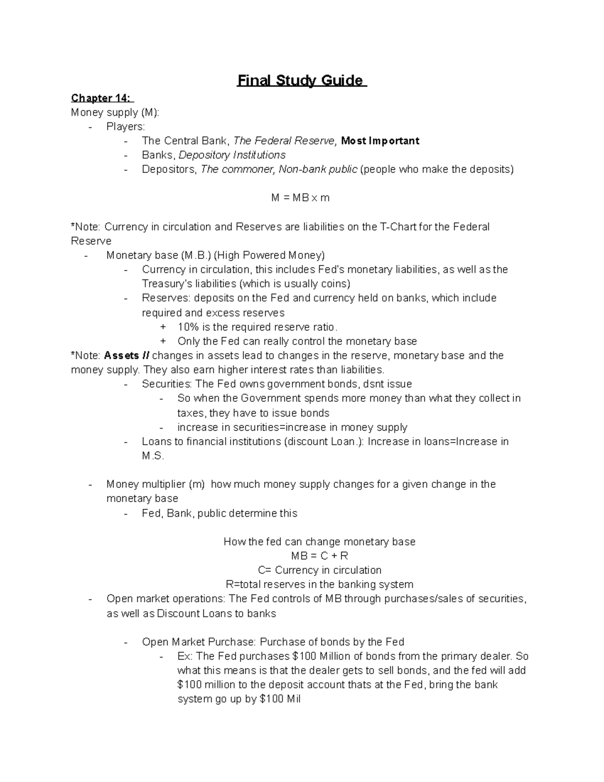 Final Study Guide Chapter 14: Money Supply - Studocu
