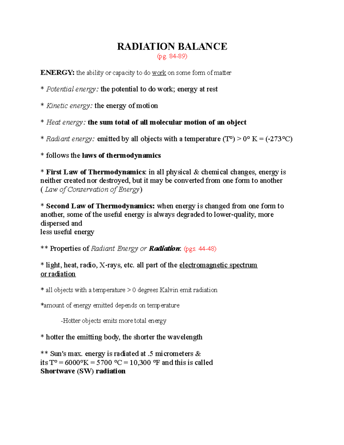 Lecture 5 - RADIATION BALANCE (pg. 84-89) ENERGY: the ability or ...
